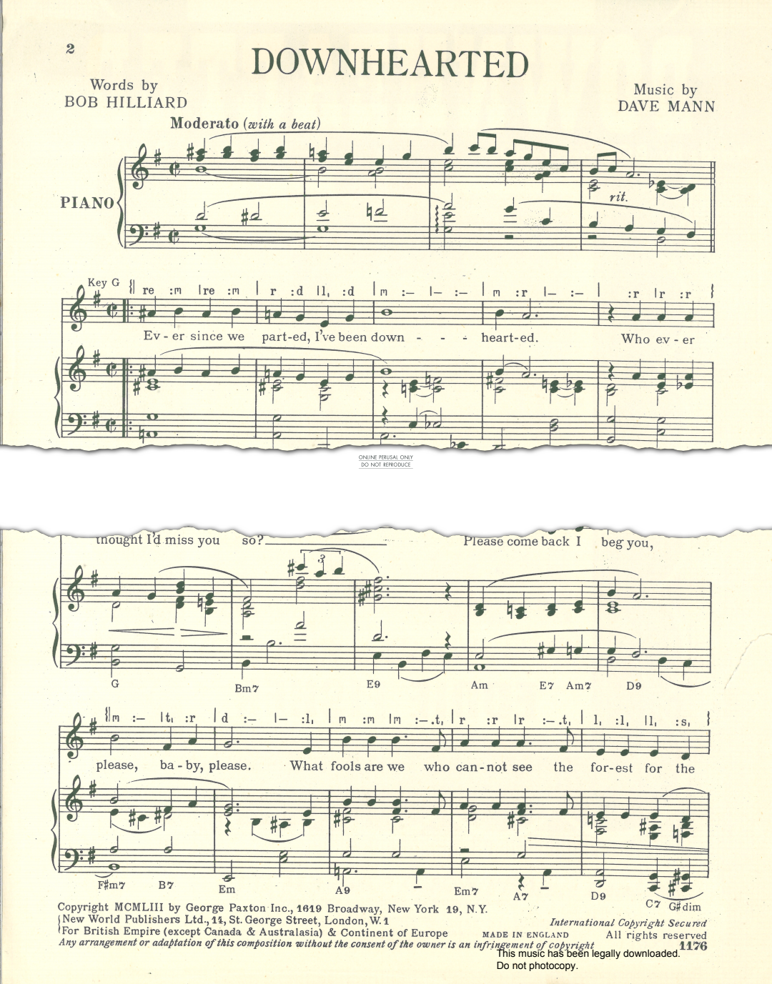 Downhearted (Eddie Fisher) | Noten: Gitarre, Klavier, Gesang | PDF Download