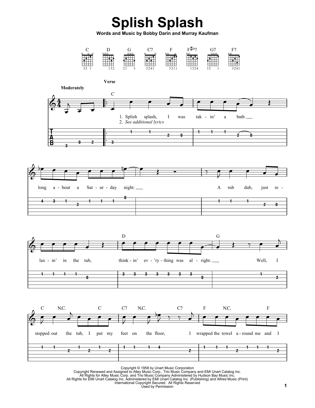 Splish Splash (Bobby Darin) | Sheet Music: Easy Guitar Tab | PDF Download