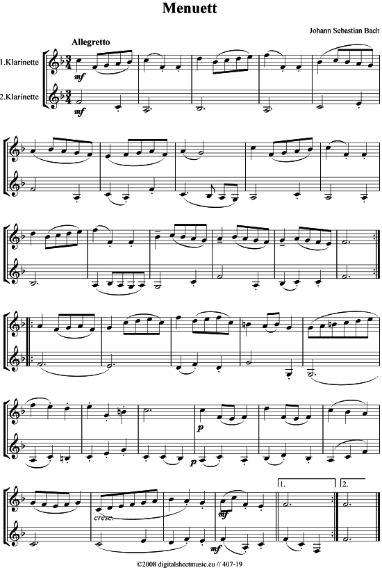 Menuett - Duett (Johann Sebastian Bach) | Sheet Music: 2 Ready | PDF Download
