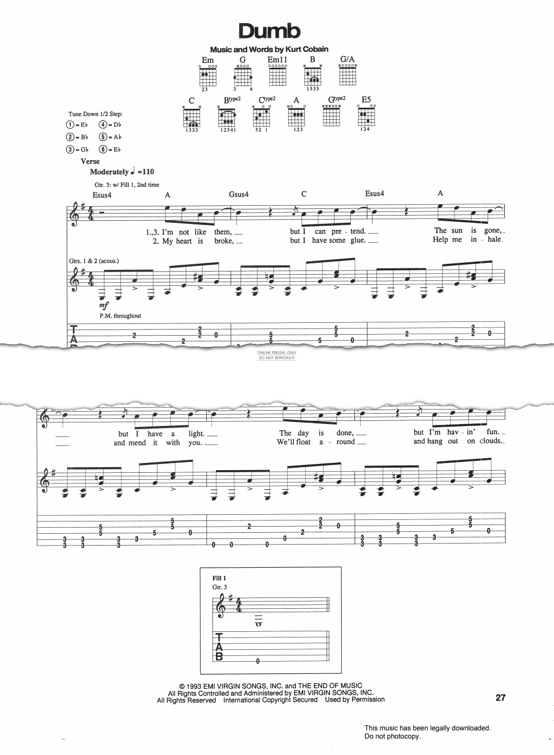 Dumb Nirvana Sheet Music Guitar Voice Pdf Download