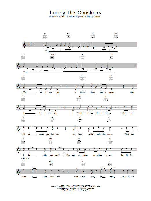 Lonely This Christmas (Mud) | Sheet Music: Lead Sheet / Fake Book | PDF ...