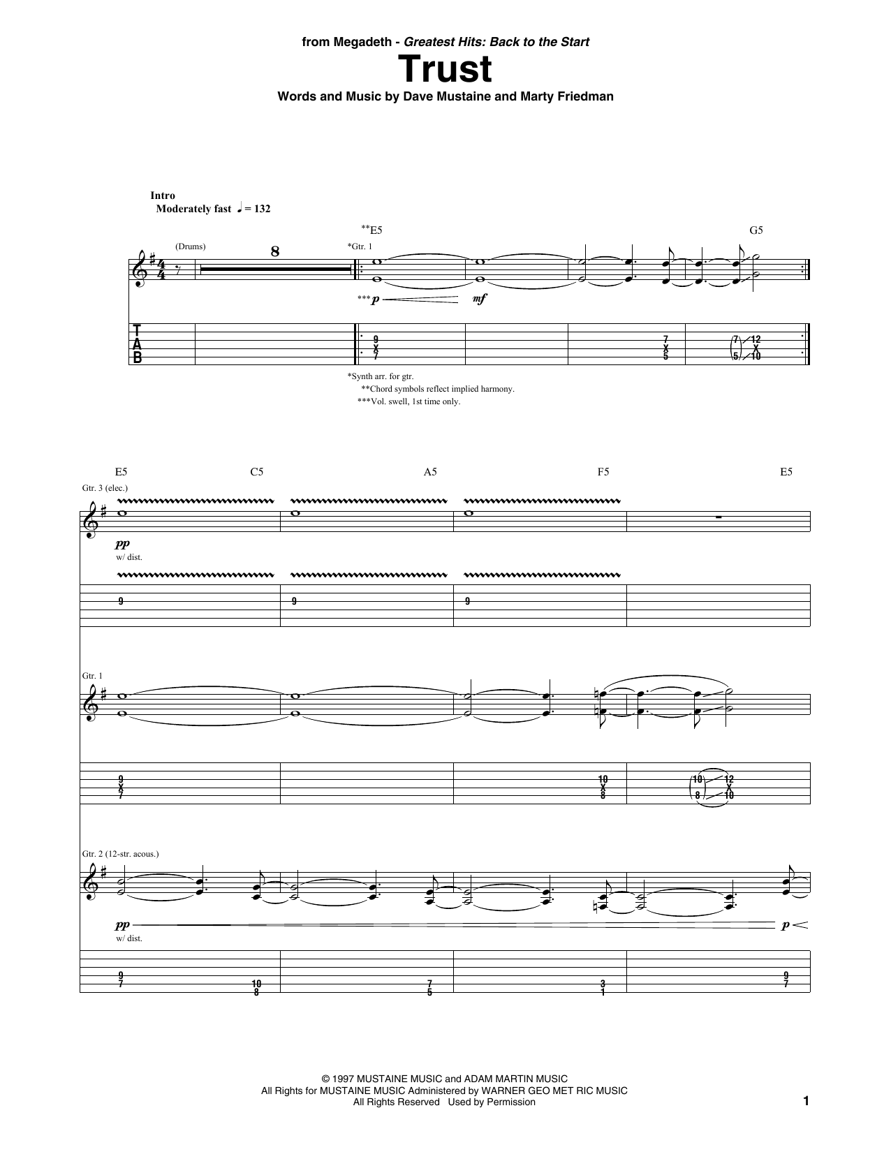 Trust (Megadeth) | Sheet Music: Guitar Tab | PDF Download