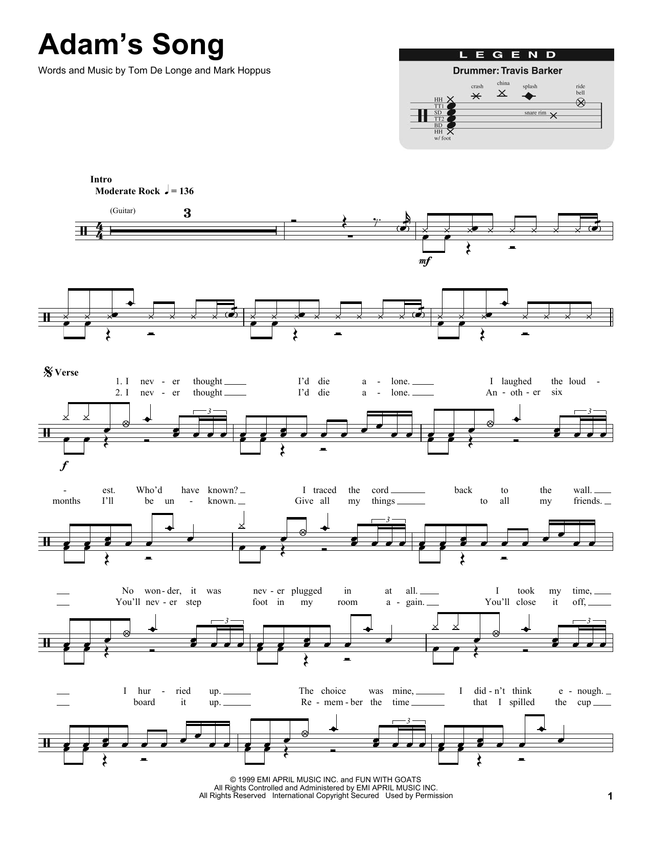 Adam's Song - sheet music by Blink 182 - smd-174838 | notendownload