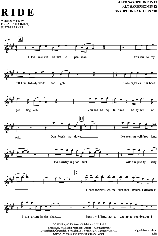 Ride (Lana del Rey) | Sheet Music: Alto Saxophone | PDF Download