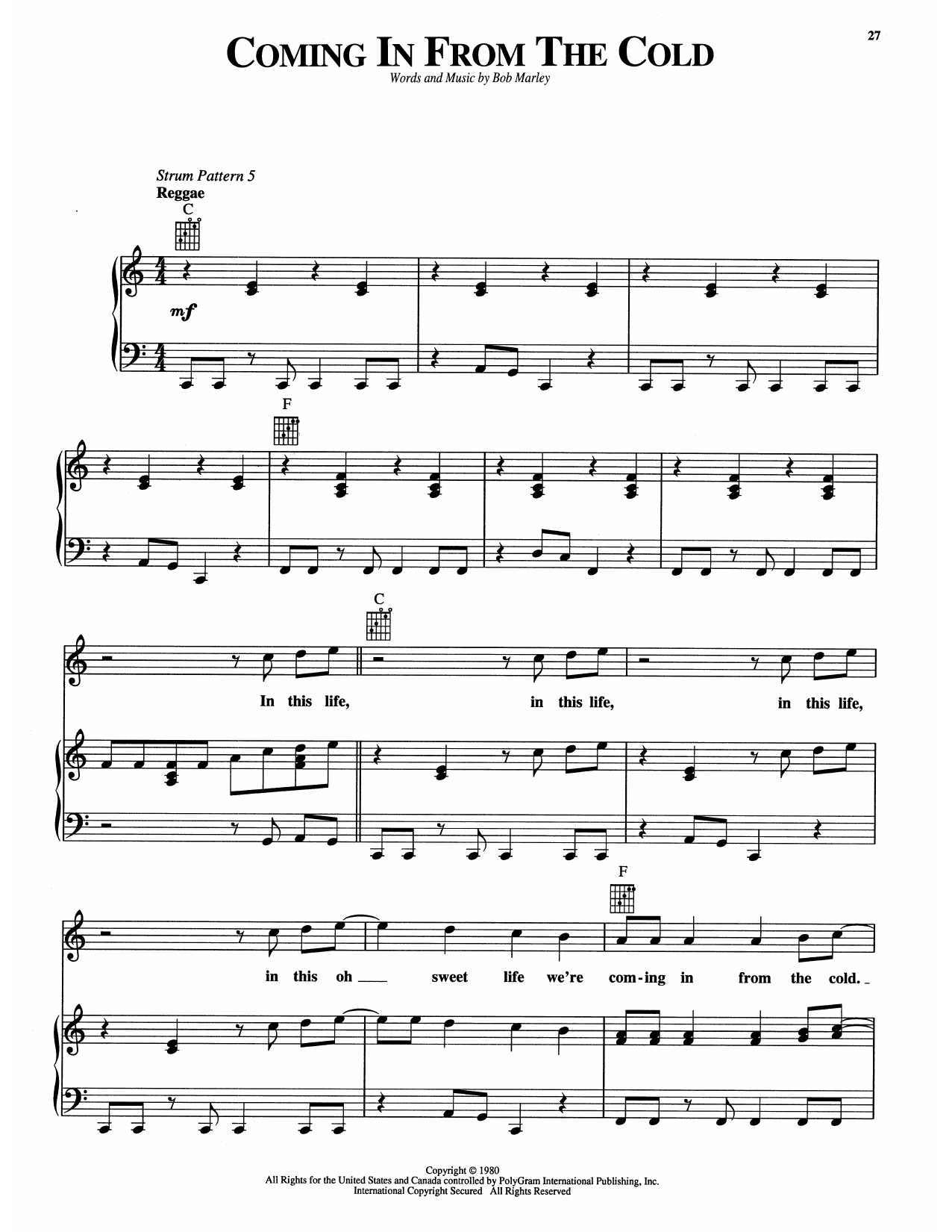 Coming In From The Cold (Bob Marley) | Sheet Music: Piano, Vocal & Guitar Chords Right-Hand ...