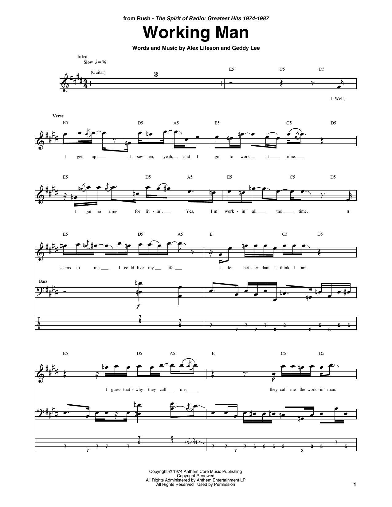 Working Man (Rush) | Sheet Music: Bass Guitar Tab | PDF Download