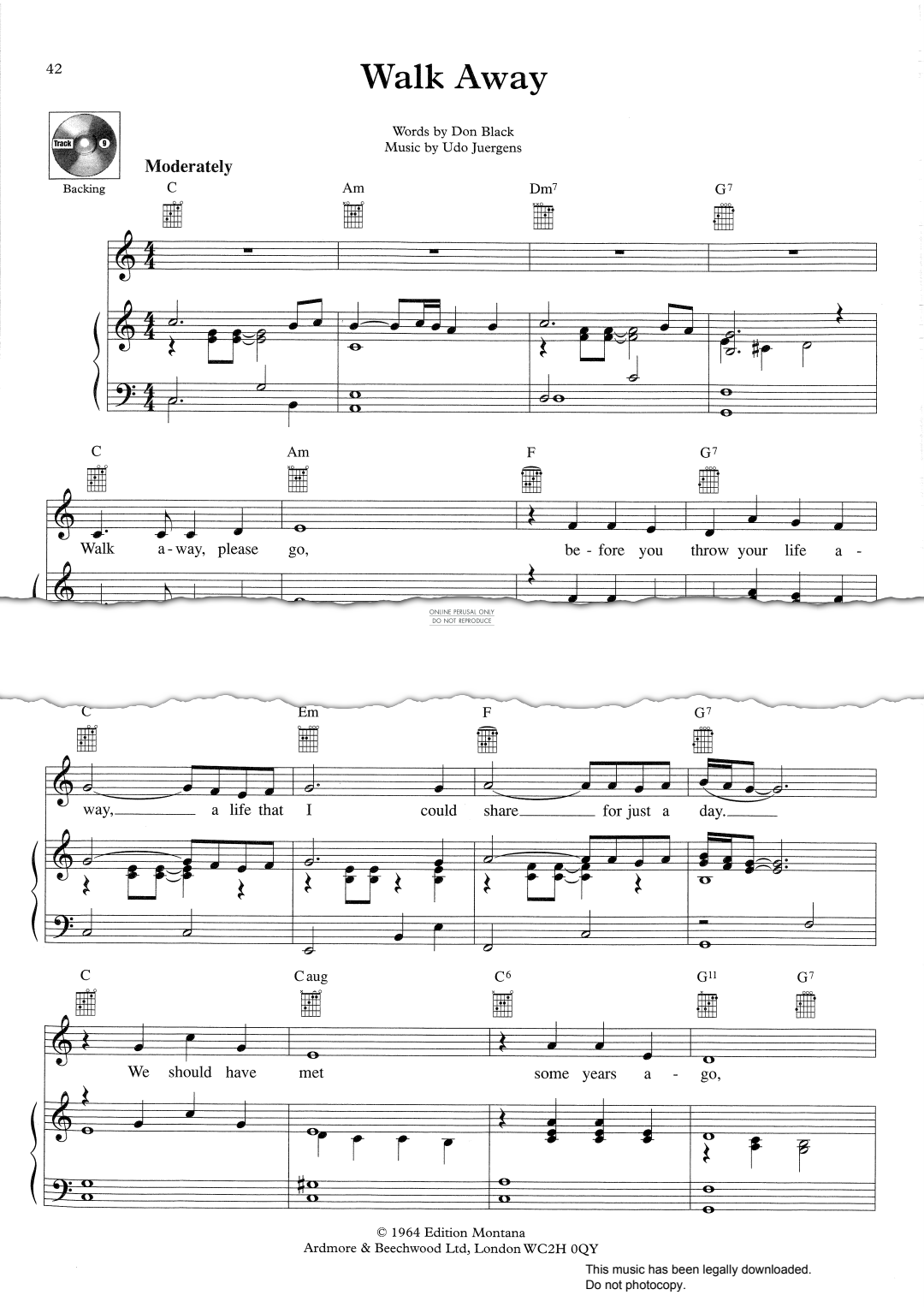 Walk Away (Matt Monro) | Sheet Music: Guitar, Piano, Voice | PDF Download