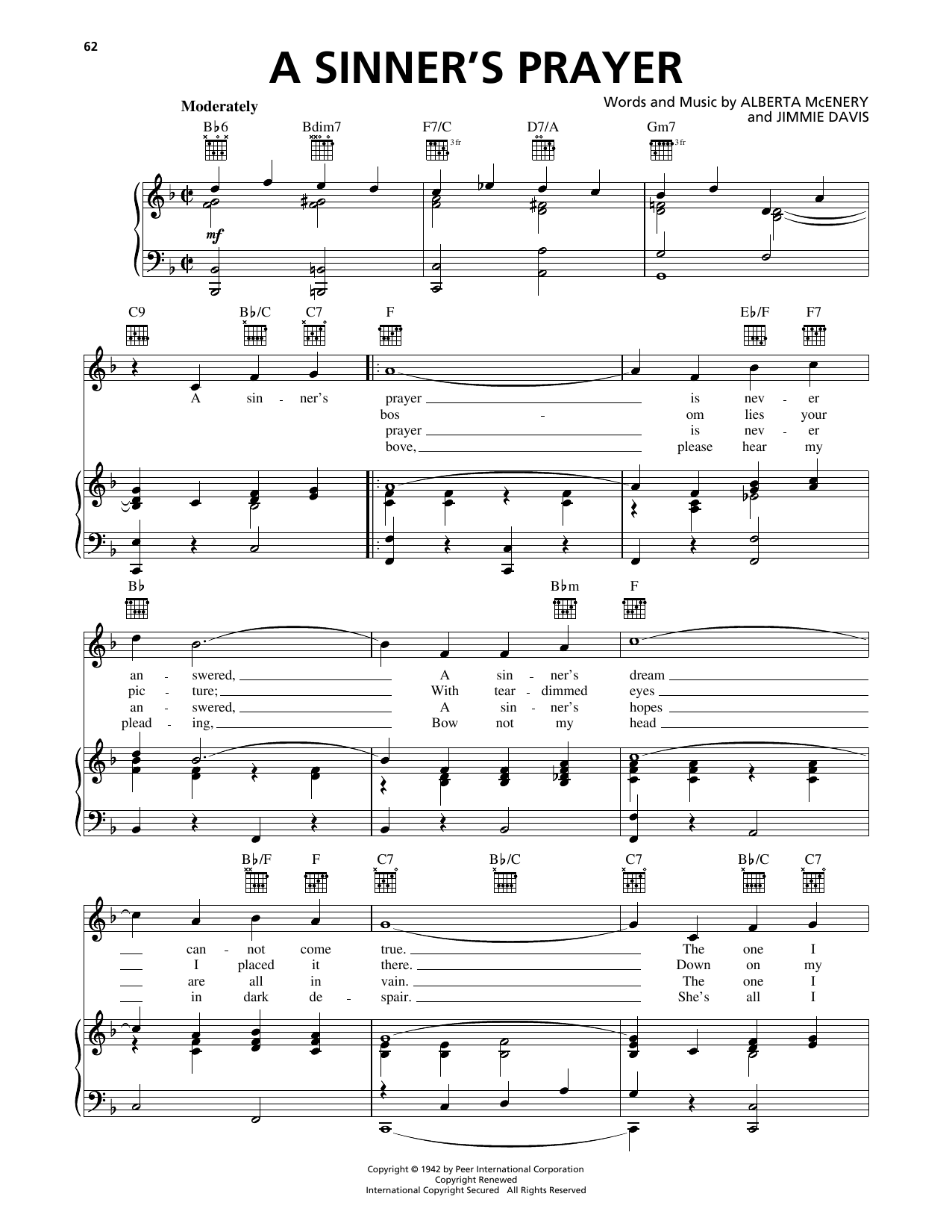 A Sinner's Prayer (Jimmie Davis) | Noten: Klavier, Gesang und Gitarrenakkorde Melodie der ...