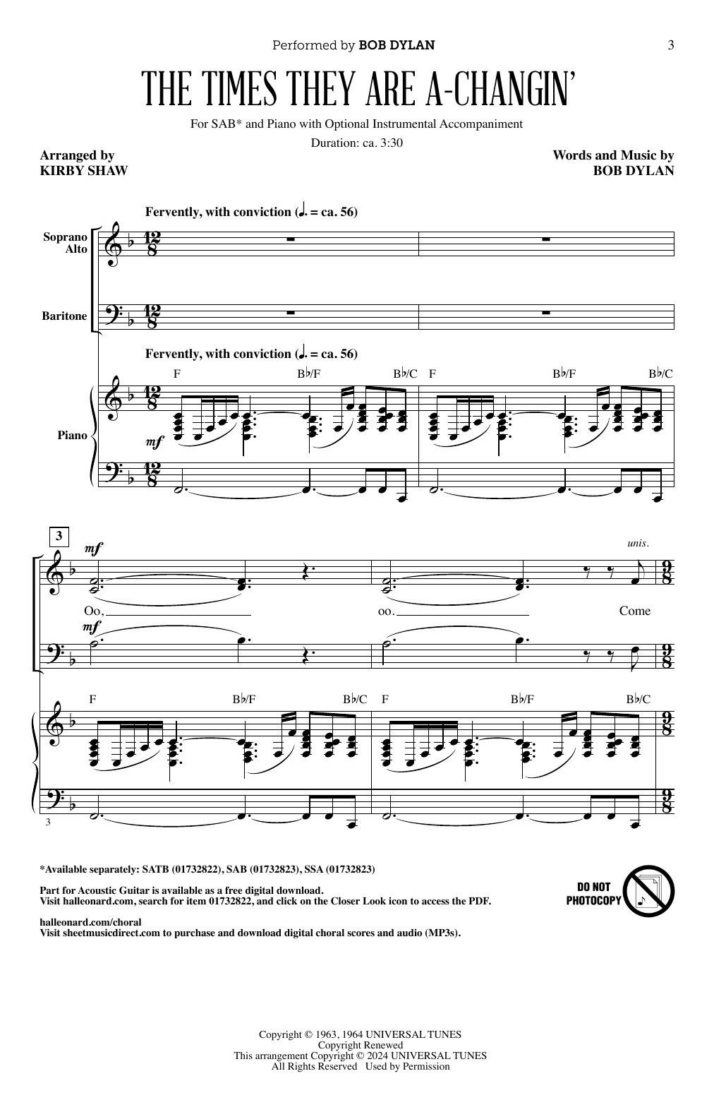 The Times They Are A-Changin' (arr. Kirby Shaw) (Bob Dylan) | Sheet Music: SAB Choir | PDF Download
