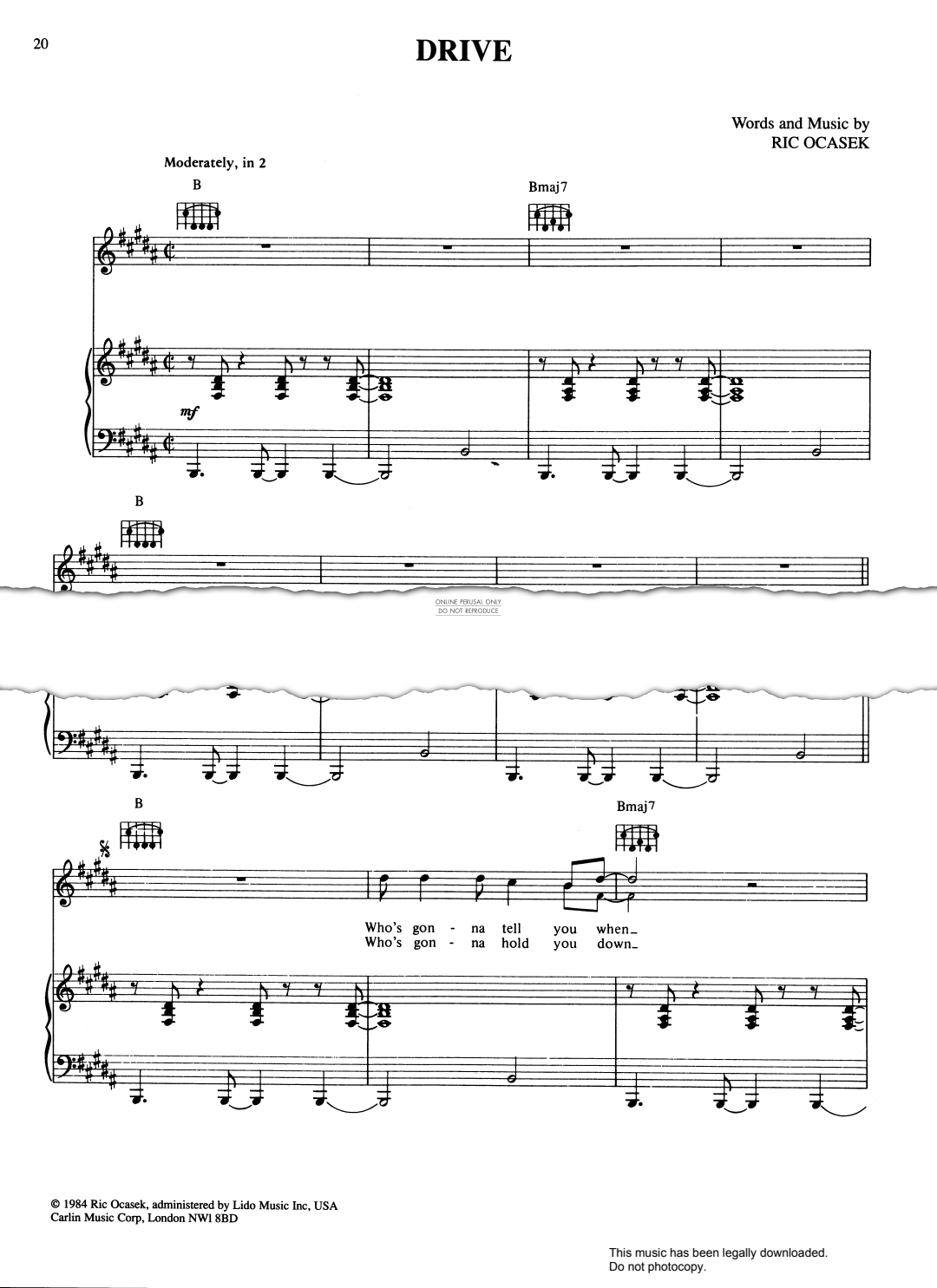 Drive (The Cars) | Noten: Gitarre, Klavier, Gesang | PDF Download