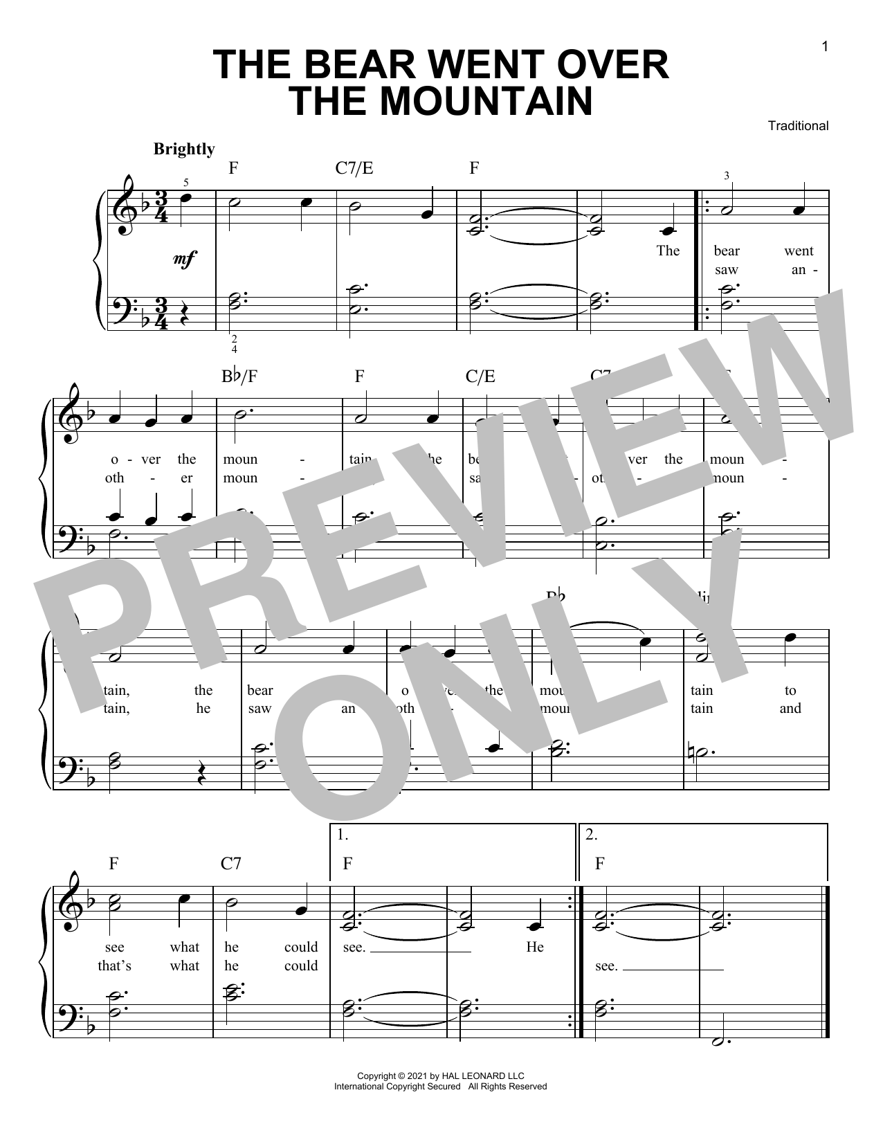 The Bear Went Over The Mountain (Traditional) | Sheet Music: Very Easy ...