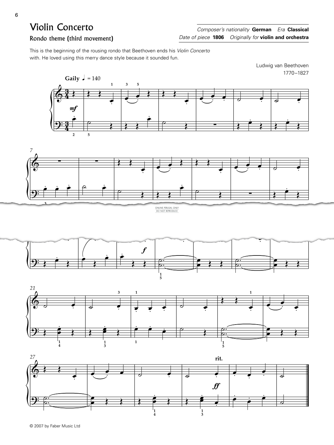 Rondo Theme from the third movement to the Violin Concerto (Ludwig van ...