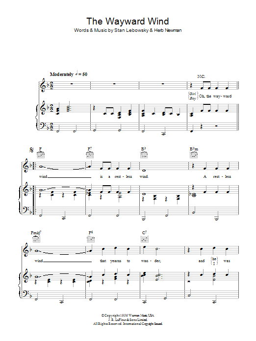 The Wayward Wind (Patsy Cline) | Sheet Music: Piano, Vocal & Guitar ...
