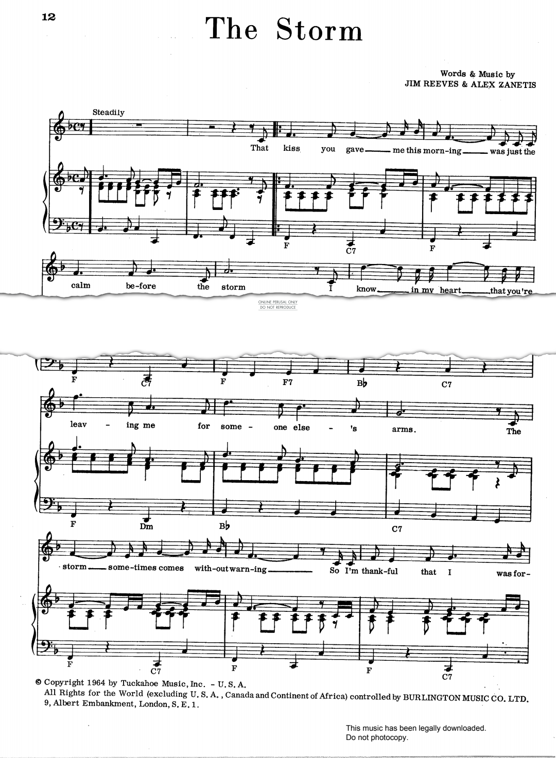 The Storm (Jim Reeves) | Sheet Music: Guitar, Piano, Voice | PDF Download