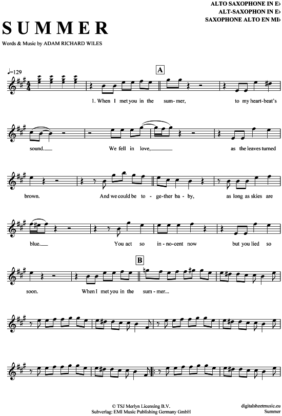 Summer - sheet music by Calvin Harris - 7110689 | notendownload