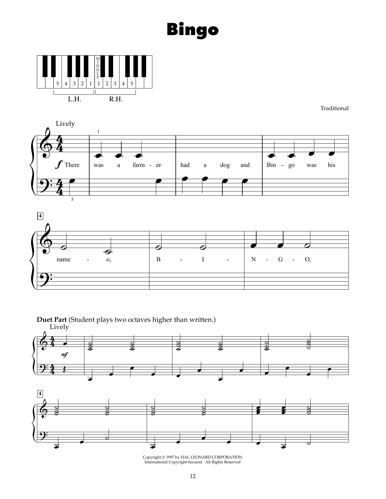 Bingo (Traditional) | Sheet Music: 5-Finger Piano | PDF Download