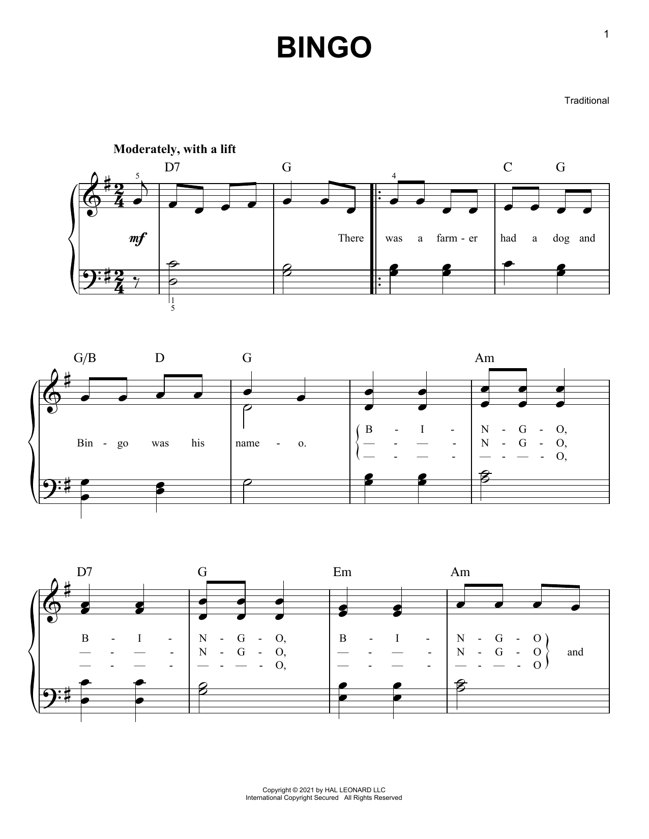 Bingo (Traditional) | Sheet Music: Easy Piano | PDF Download