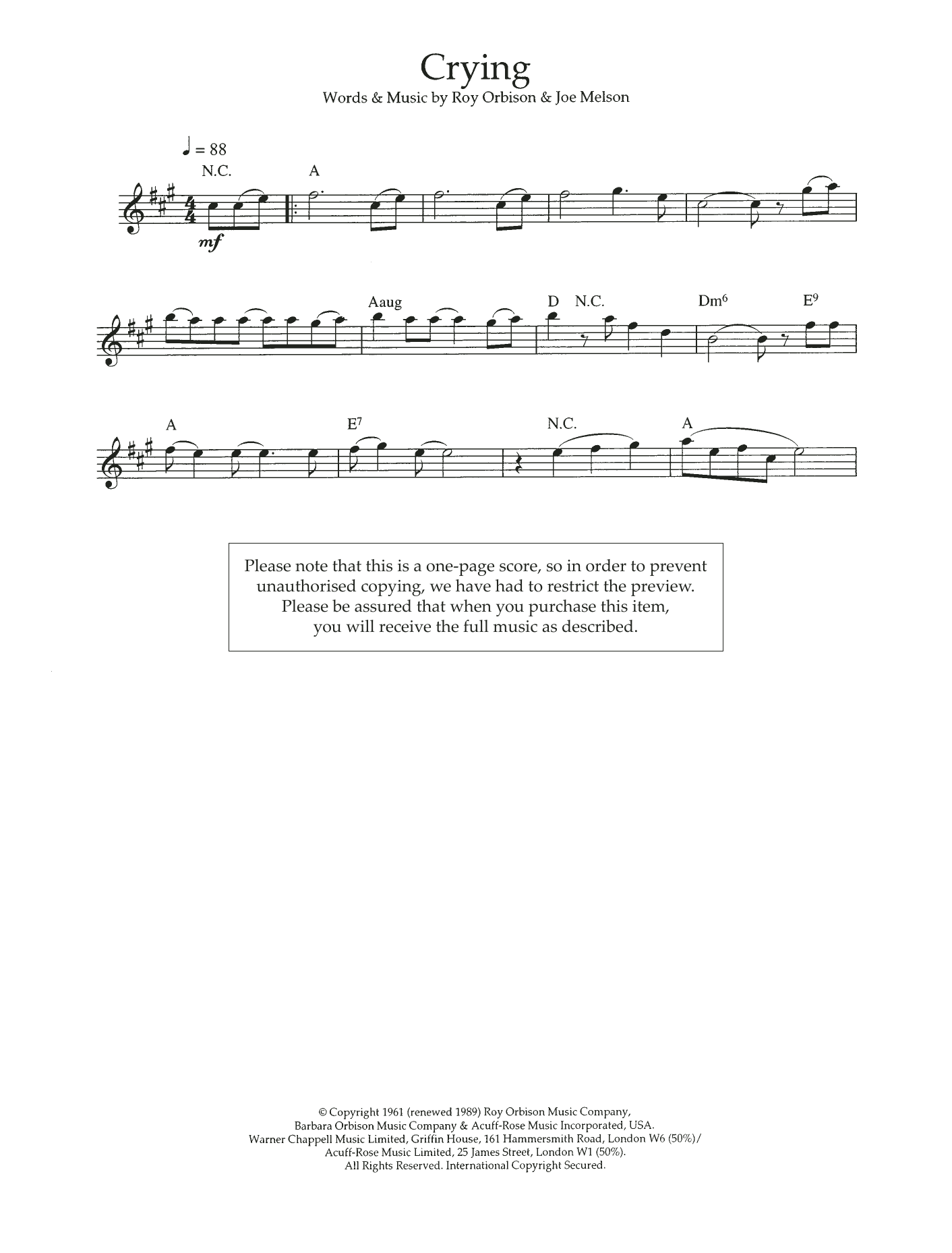 Crying (Roy Orbison) | Sheet Music: Flute Solo | PDF Download