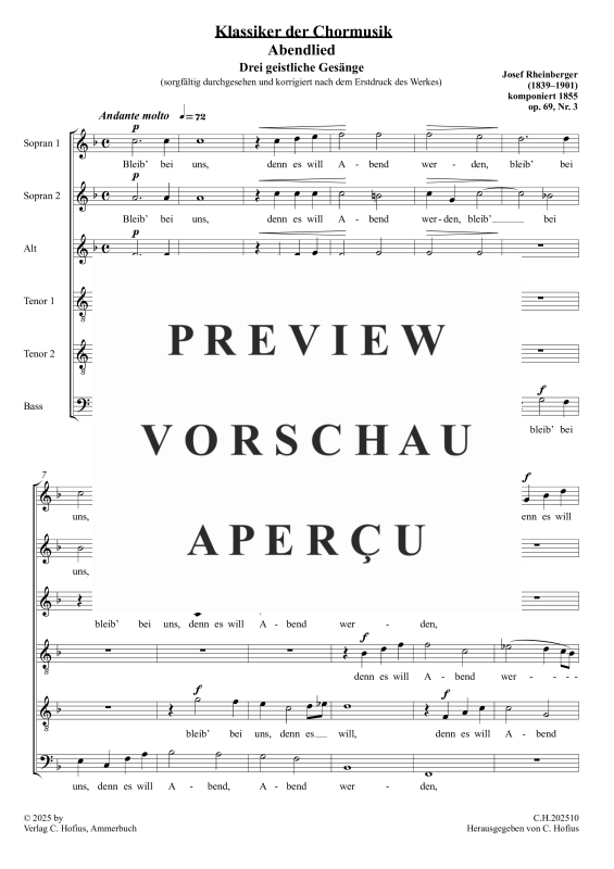 Abendlied (Klassiker der Chormusik) (Josef Rheinberger) | Sheet Music ...