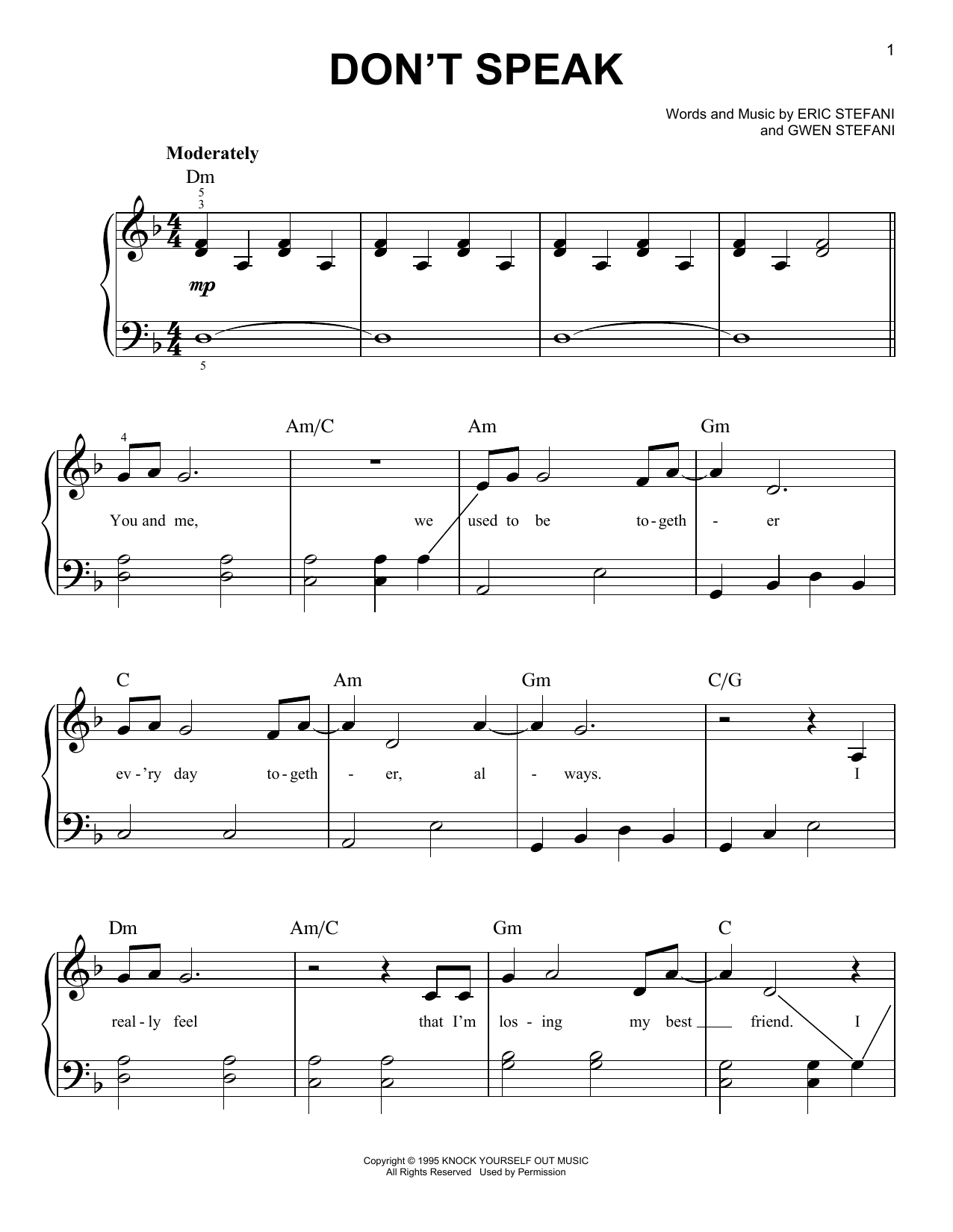 Don't Speak (No Doubt) | Sheet Music: Easy Piano | PDF Download