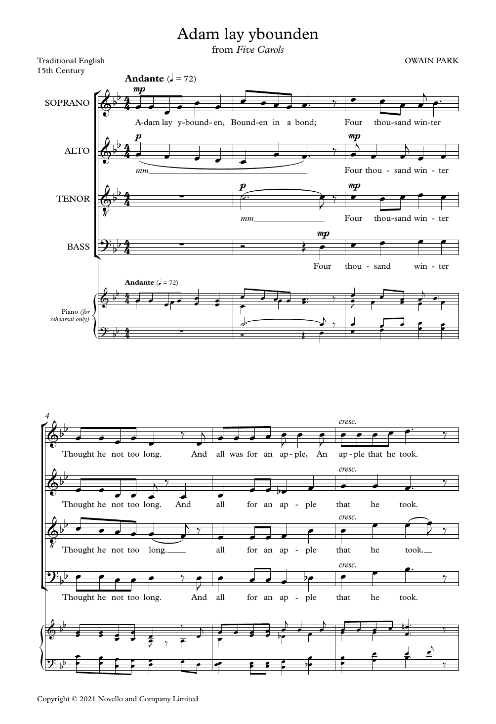 Adam Lay Ybounden (Owain Park) | Sheet Music: SATB Choir | PDF Download