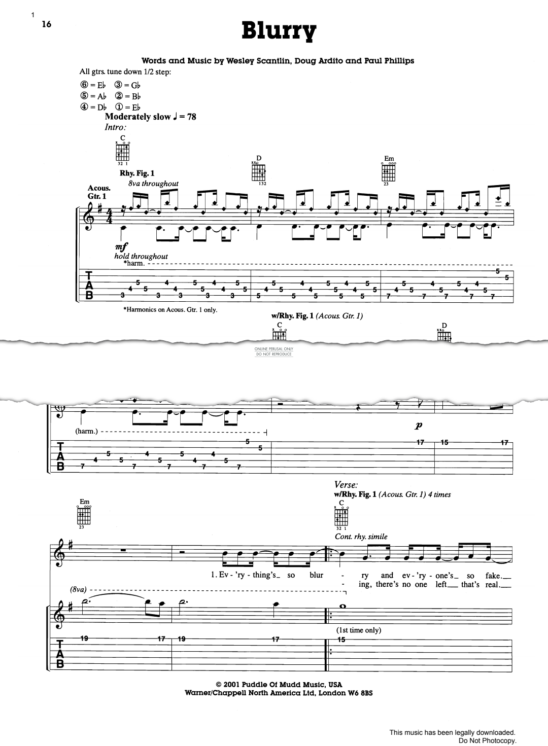 Blurry (Puddle Of Mudd) | Sheet Music: Guitar, Voice | PDF Download