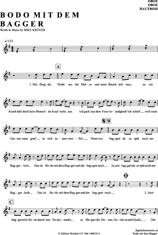 Bodo Mit Dem Bagger - Noten von Mike Krüger - 7090500 | notendownload