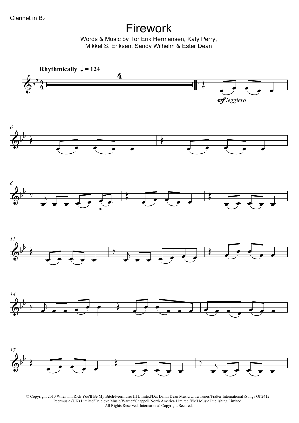 Firework (Katy Perry) | Noten: Clarinet Solo | PDF Download