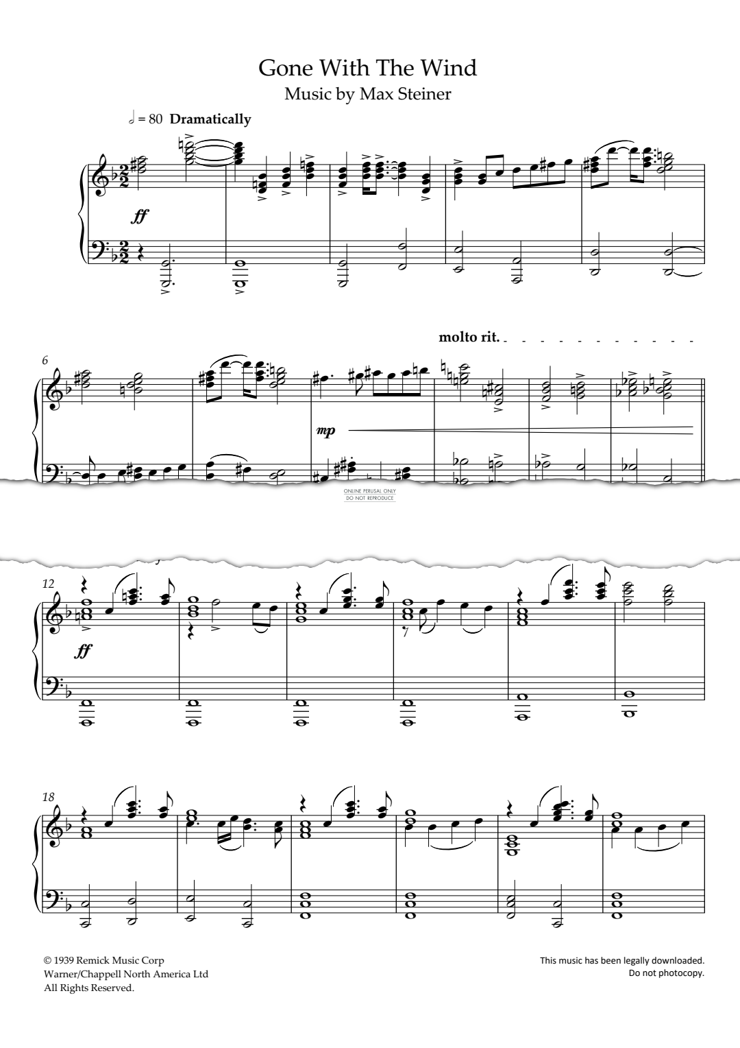 Gone With The Wind (Max Steiner) | Sheet Music: Piano | PDF Download