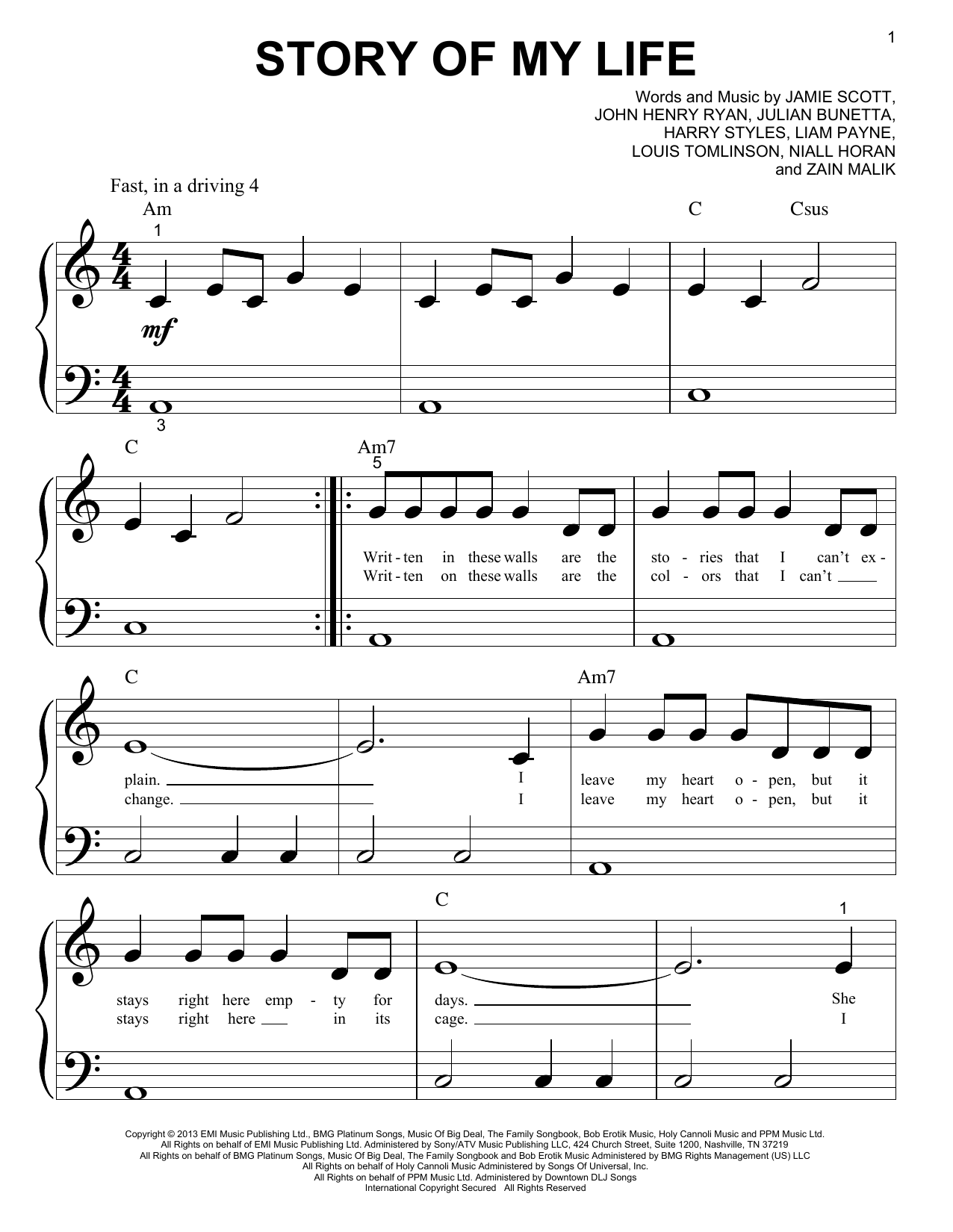 Story Of My Life (One Direction) | Sheet Music: Big Note Piano | PDF ...