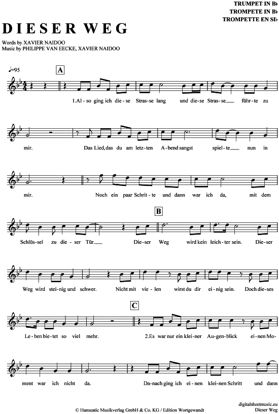 Dieser Weg - sheet music by Adoro - 7120151 | notendownload