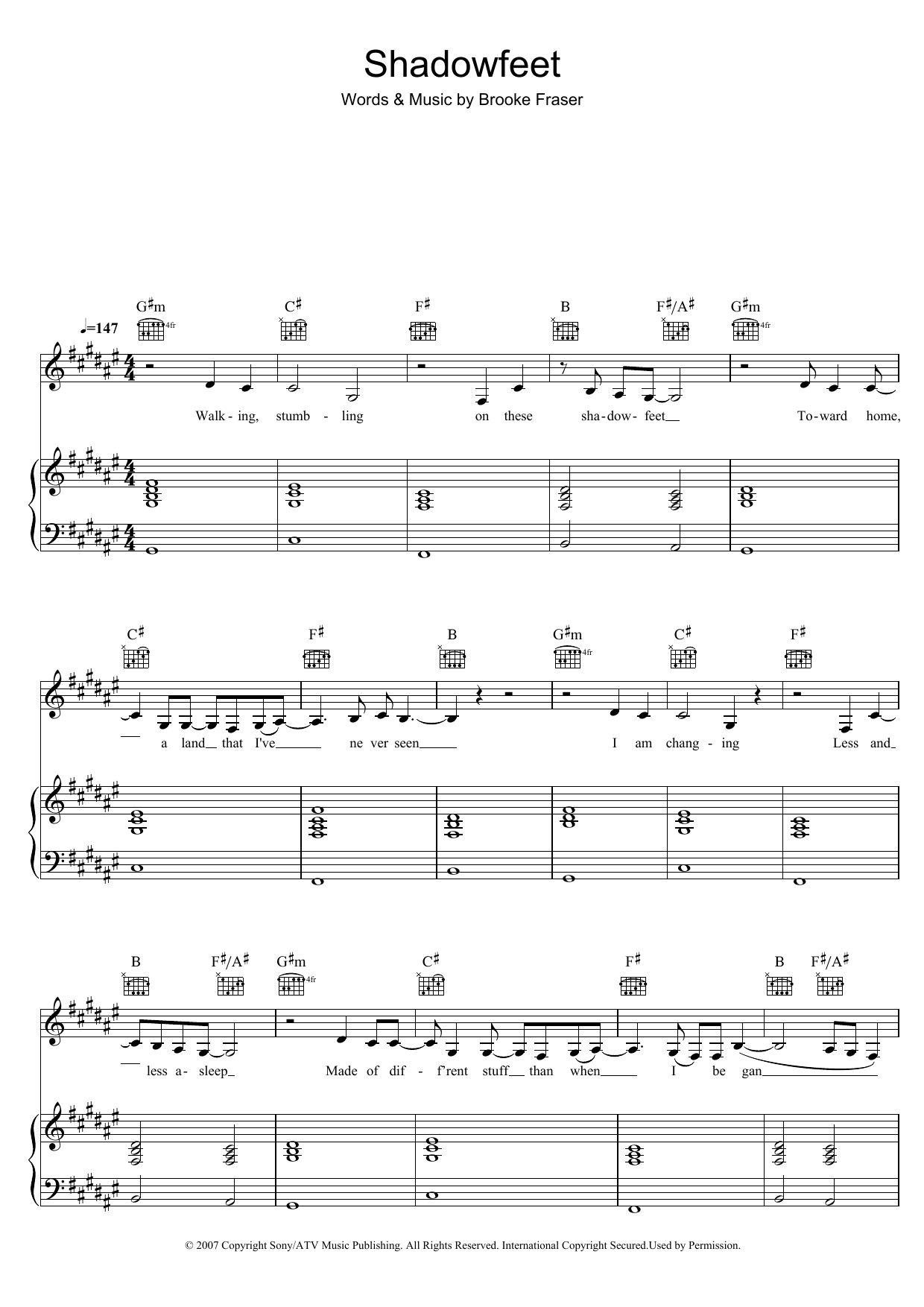 Shadowfeet (Brooke Fraser) | Sheet Music: Piano, Vocal & Guitar Chords ...