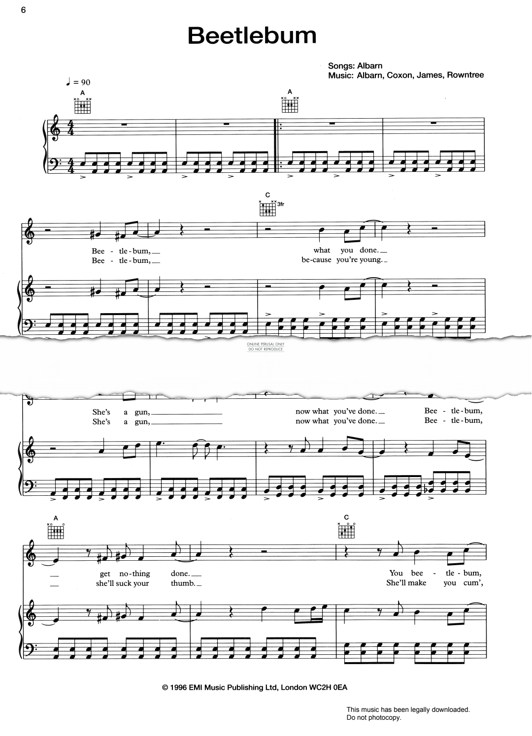 Beetlebum (Blur) | Sheet Music: Guitar, Piano, Voice | PDF Download