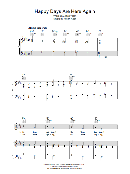 Happy Days Are Here Again (Milton Ager) | Noten: Piano, Vocal & Guitar ...