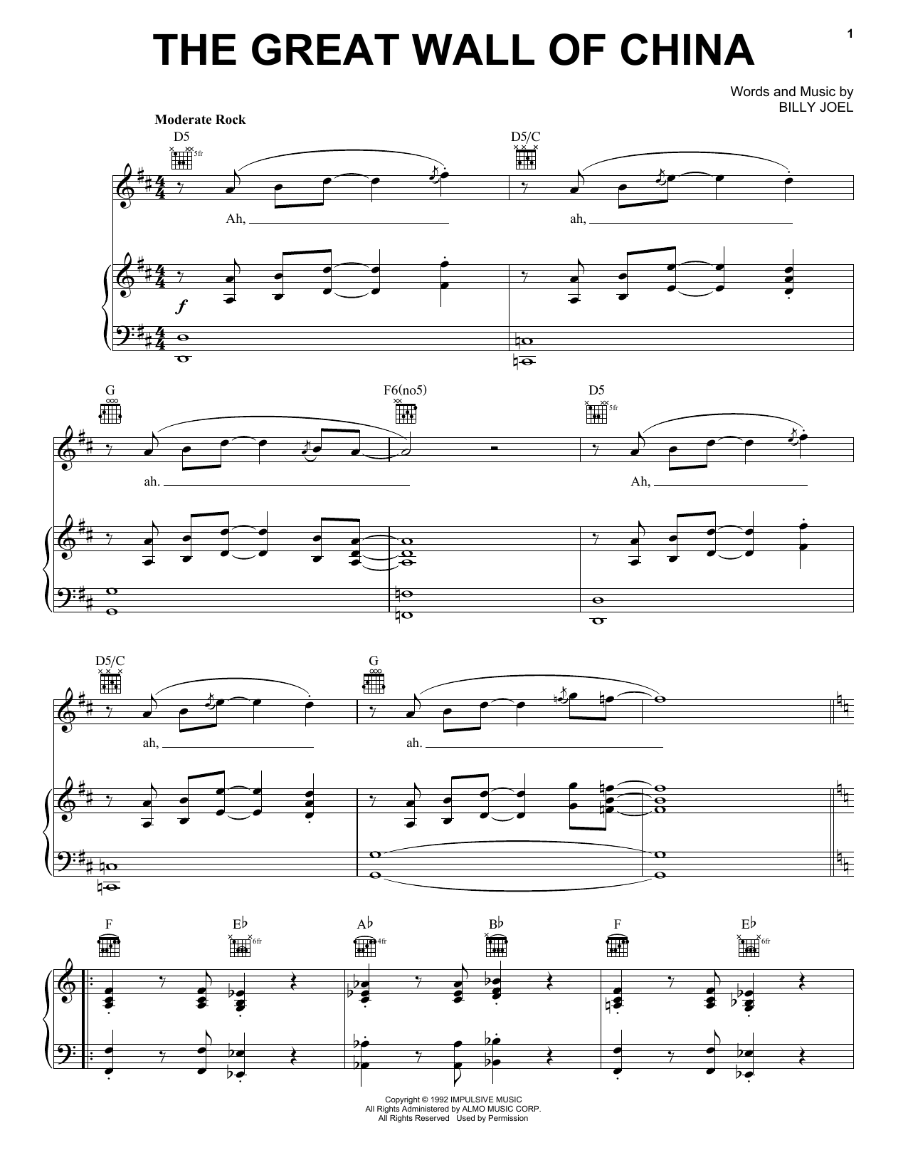 The Great Wall Of China (Billy Joel) | Sheet Music: Piano, Vocal ...