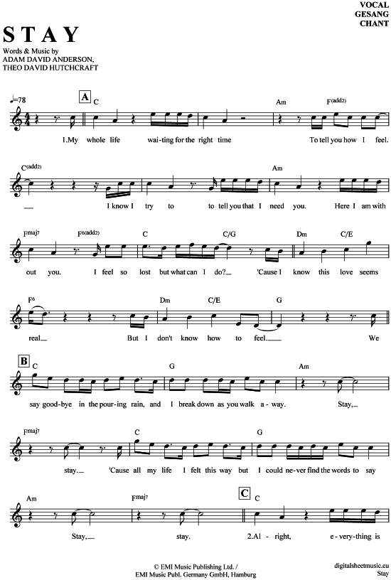 Stay - sheet music by Hurts - 7040158 | notendownload