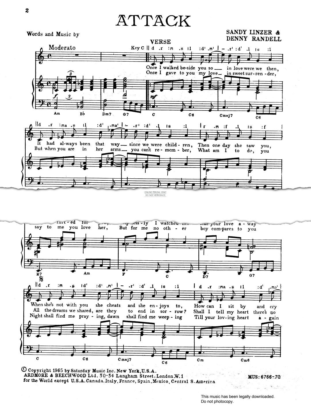 Attack (The Toys) | Sheet Music: Guitar, Piano, Voice | PDF Download