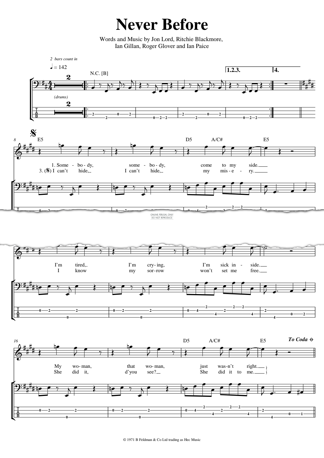 Never Before - sheet music by Deep Purple - fbd-3486 | notendownload