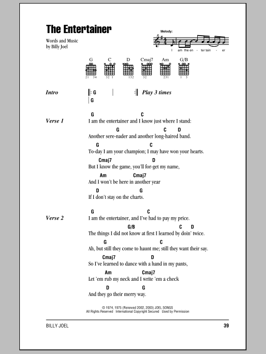 The Entertainer (Billy Joel) | Sheet Music: Guitar Chords/Lyrics | PDF ...