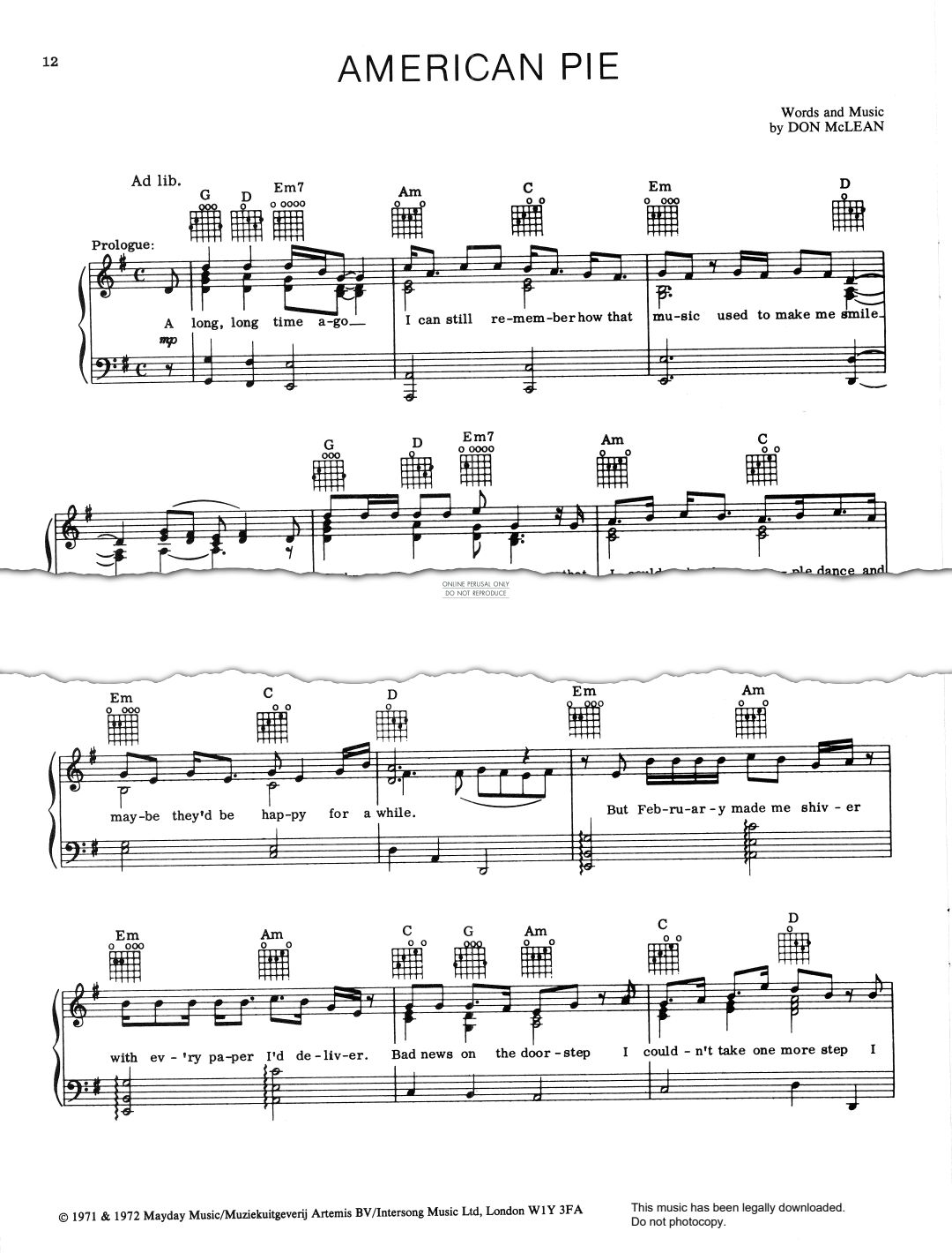 American Pie (Don McLean) | Sheet Music: Guitar, Piano, Voice | PDF ...
