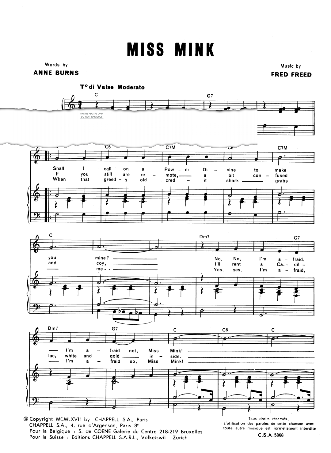 Miss Mink - sheet music by Fred Freed - fbd-19920 | notendownload
