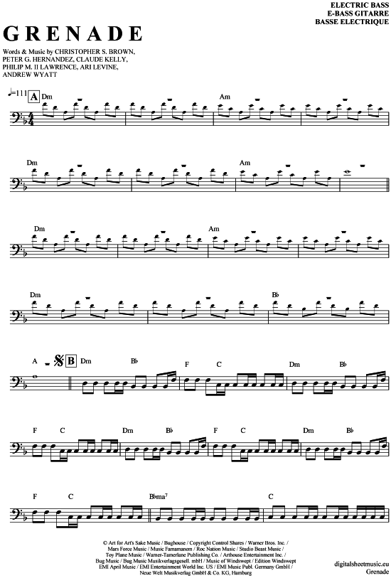 Grenade (Bruno Mars) | Sheet Music: Bass Guitar | PDF Download