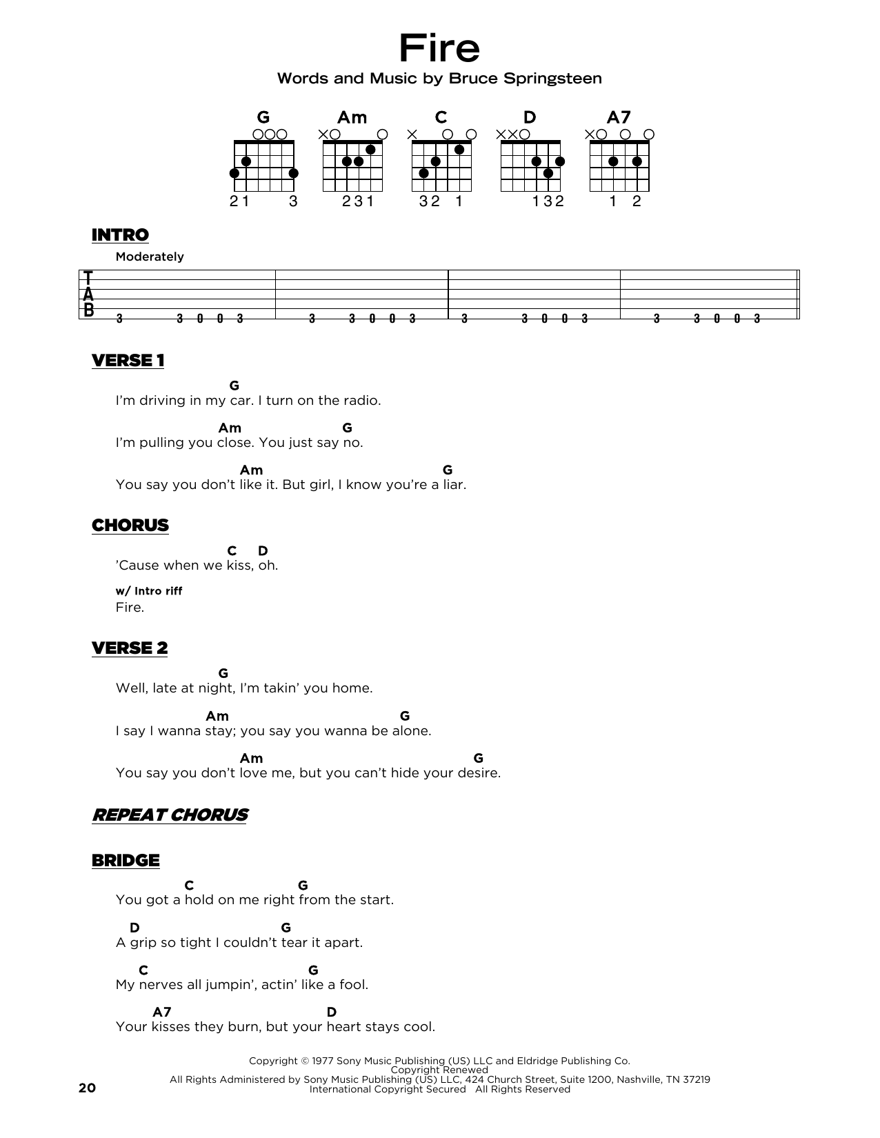 Fire (Bruce Springsteen) | Sheet Music: Really Easy Guitar | PDF Download