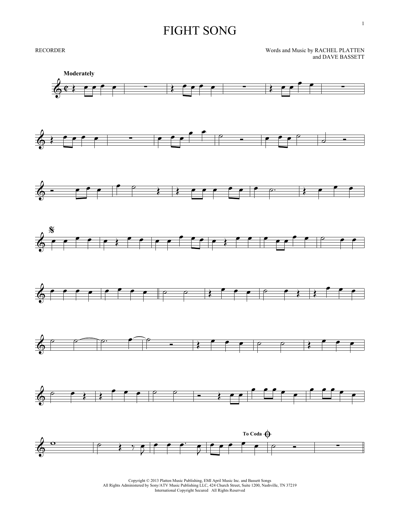 Fight Song (Rachel Platten) | Sheet Music: Recorder Solo | PDF Download