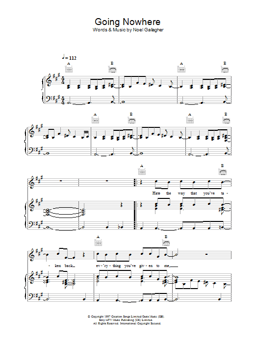 Going Nowhere (Oasis) | Sheet Music: Piano, Vocal & Guitar Chords | PDF ...