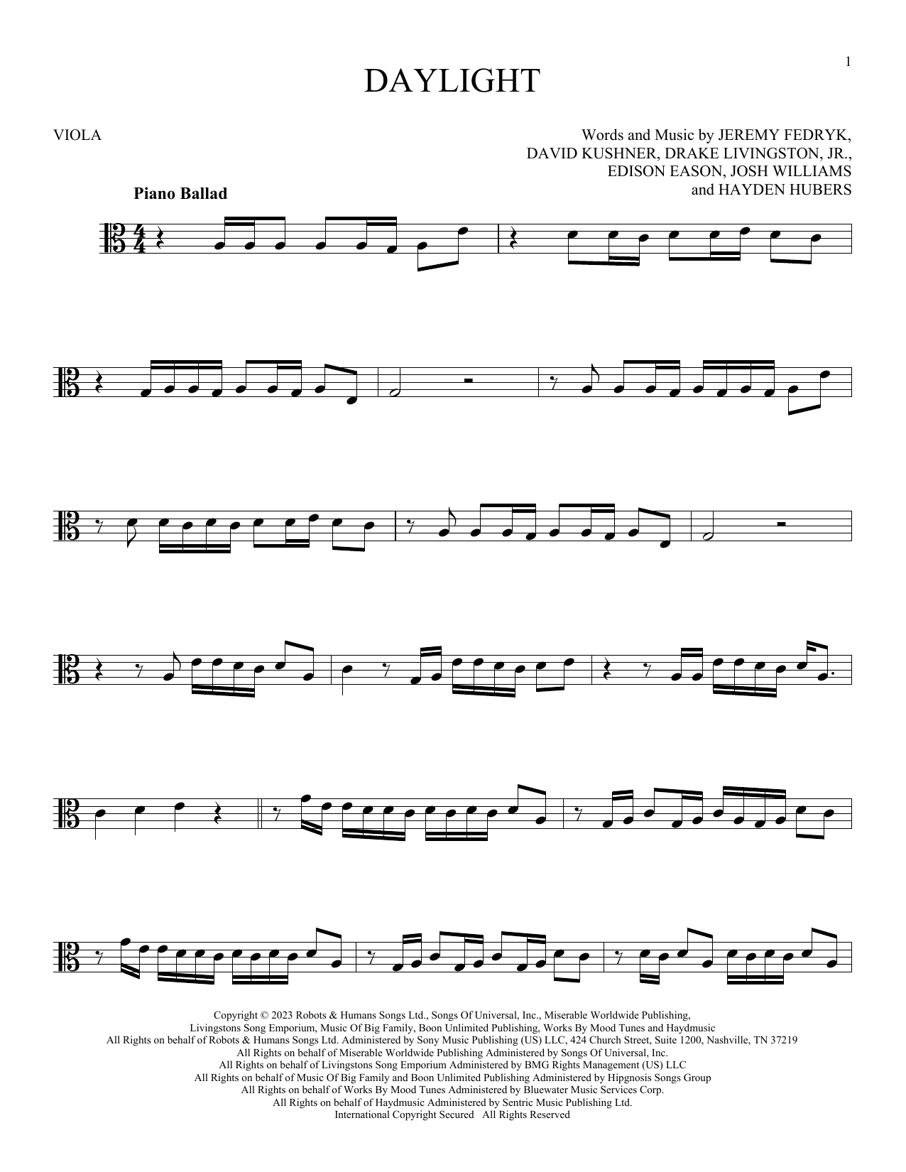 Daylight - sheet music by David Kushner - smd-1807710 | notendownload