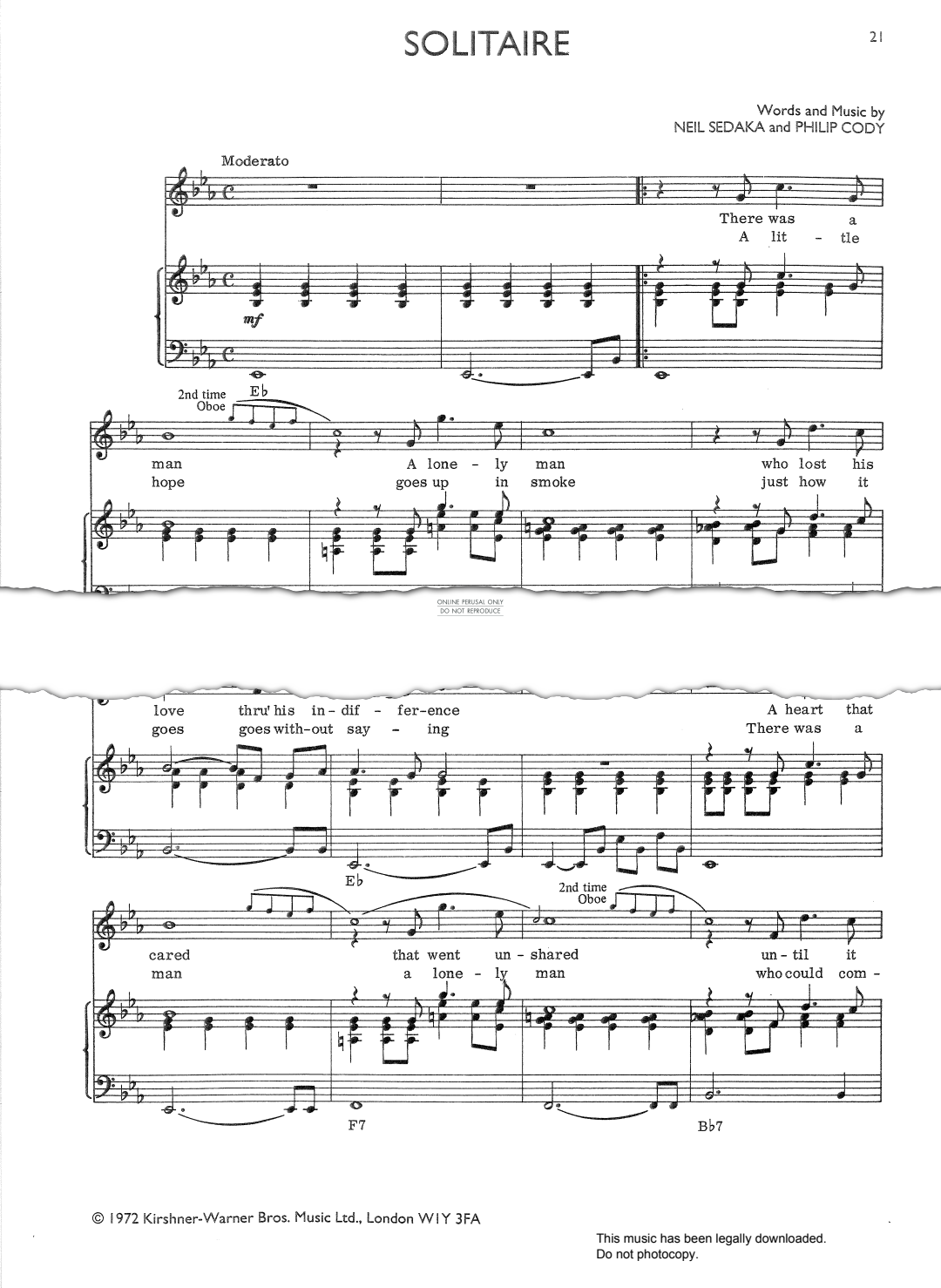 Solitaire (Neil Sedaka) | Sheet Music: Guitar, Piano, Voice | PDF Download