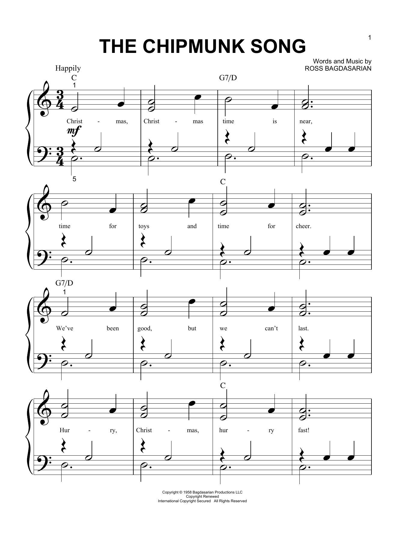 The Chipmunk Song (Alvin And The Chipmunks) | Sheet Music: Big Note ...