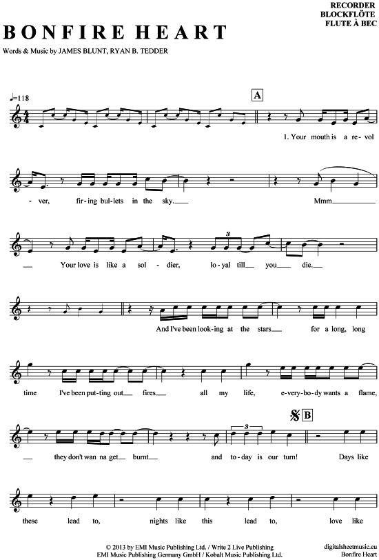 Bonfire Heart (James Blunt) | Sheet Music: recorder | PDF Download