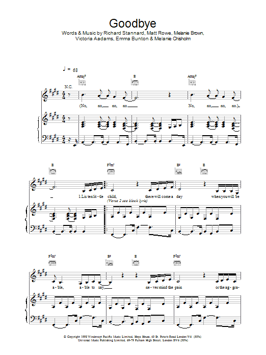 Goodbye (The Spice Girls) | Sheet Music: Piano, Vocal & Guitar Chords ...